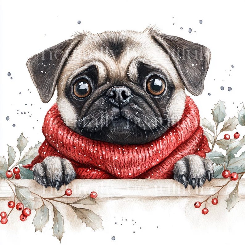 12 X Pug Dogs at Christmas Clipart Bundle - High Quality Jpgs Dog ...