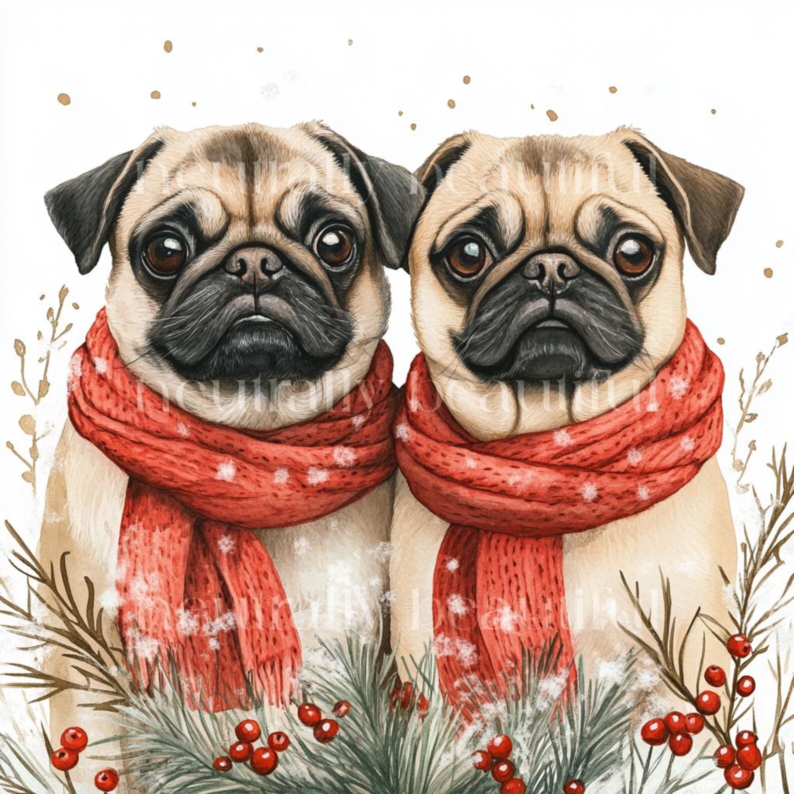 12 X Two Pug Dogs at Christmas Clipart Bundle - High Quality Jpgs Two ...