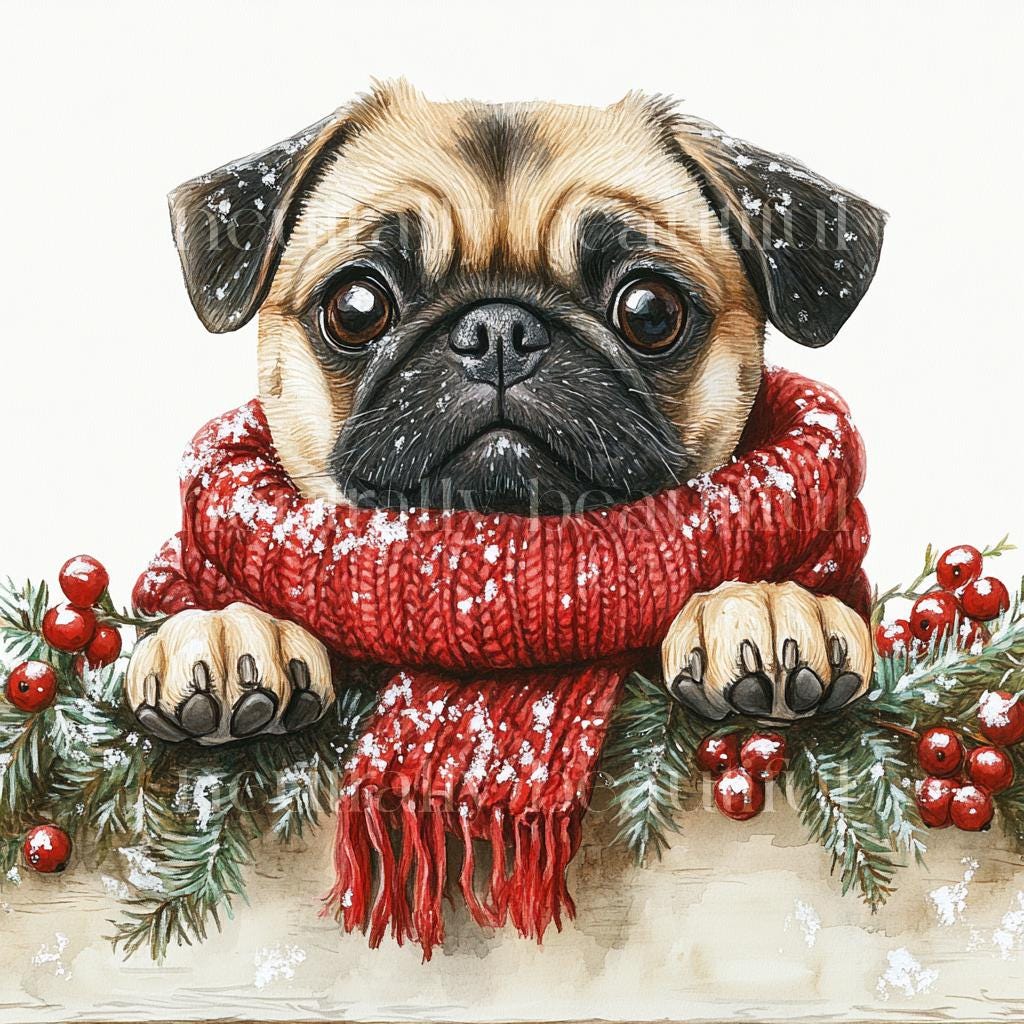 12 X Pug Dogs at Christmas Clipart Bundle - High Quality Jpgs Dog ...