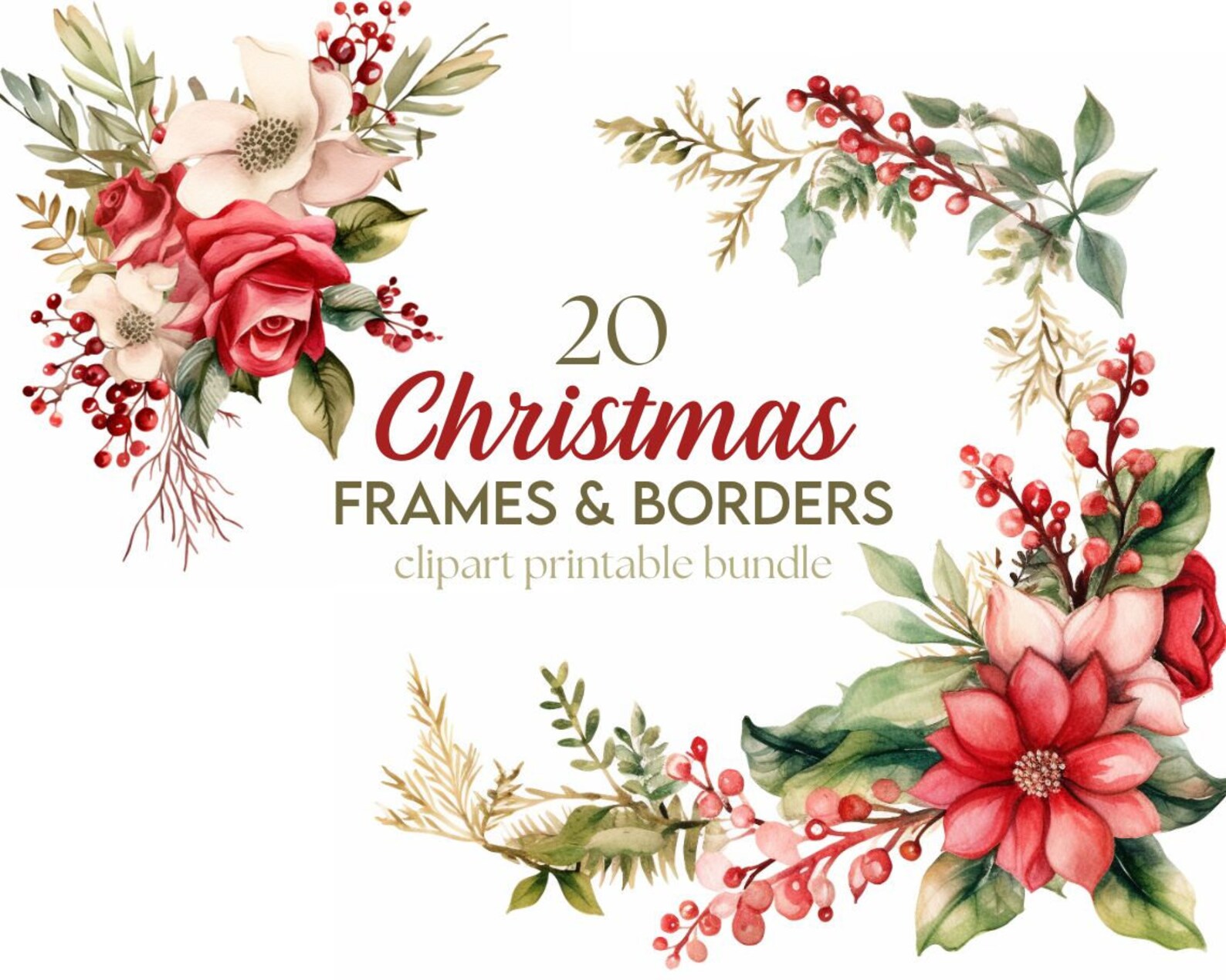 Christmas Floral Edging Watercolour Clipart 12 Downloadable Jpgs ...