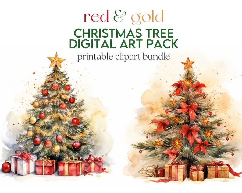 10 X Christmas Tree Clipart, Red & Gold Theme High Quality Downloadable ...