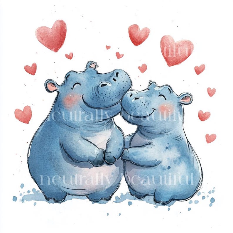 10 X Hippos & Hearts Clipart Bundle - High Quality Jpgs - Romantic ...