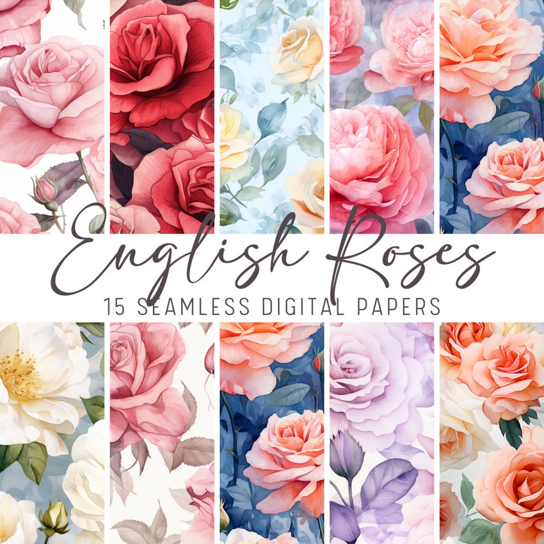 15 X Seamless Digital Paper Patterns - English Roses Watercolour Flower ...