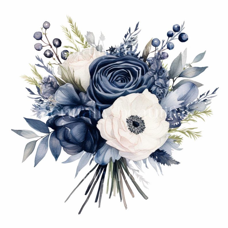 10 X Navy Blue Bouquets Clipart Bundle, High Quality JPG Instant ...