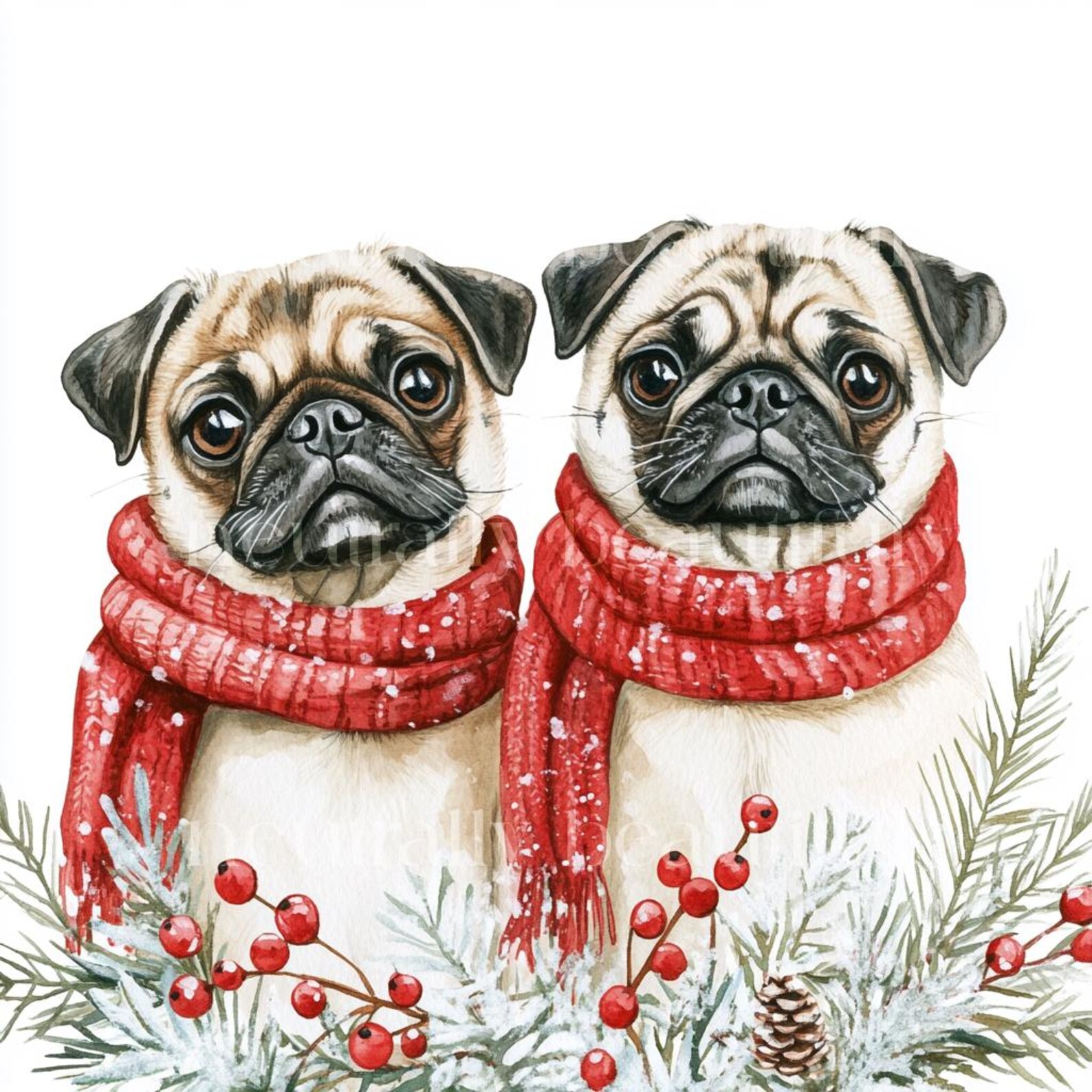 12 X Two Pug Dogs at Christmas Clipart Bundle - High Quality Jpgs Two ...