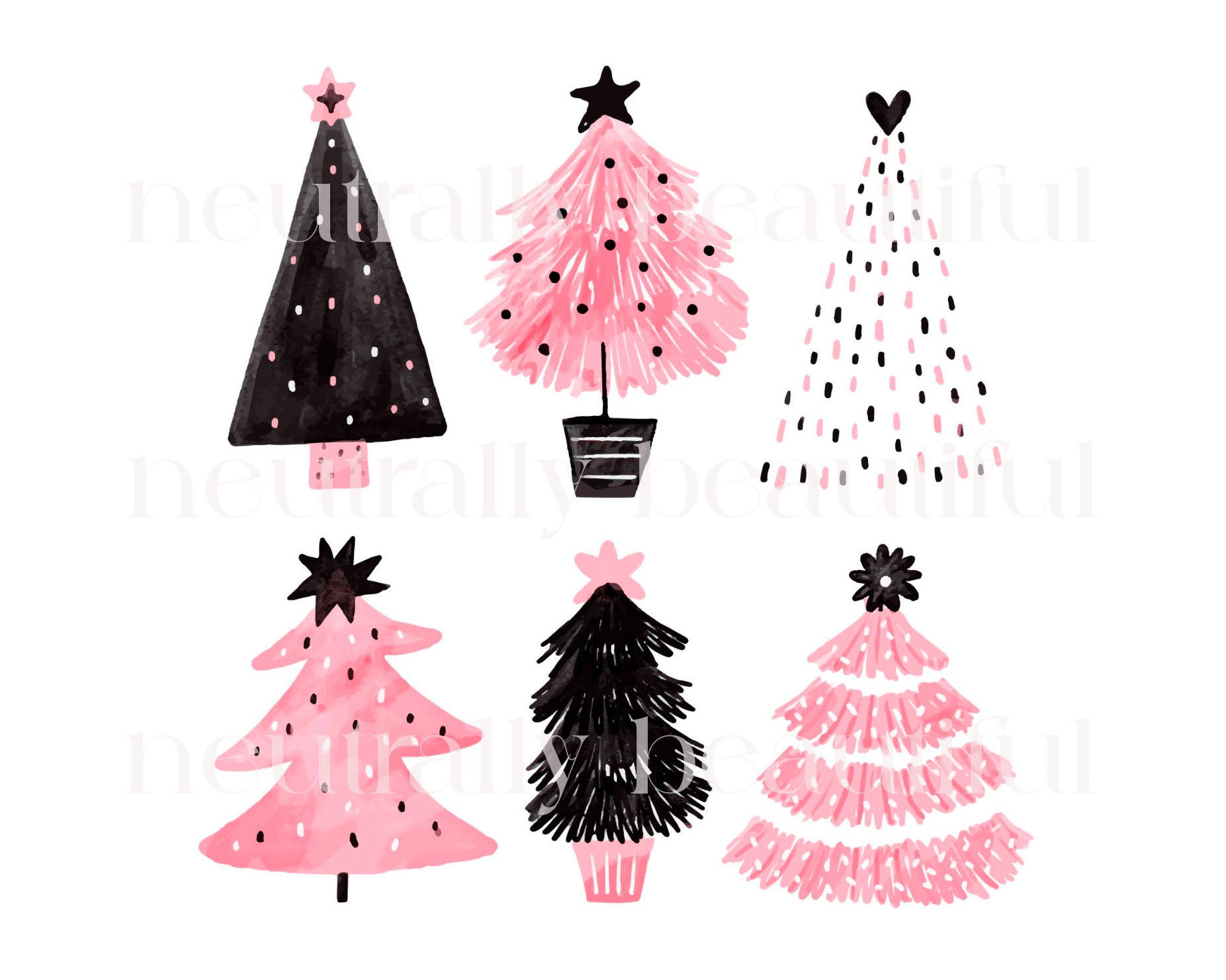 Pink & Black Christmas Tree Clipart Pack- Hand Drawn PNG EPS Christmas ...