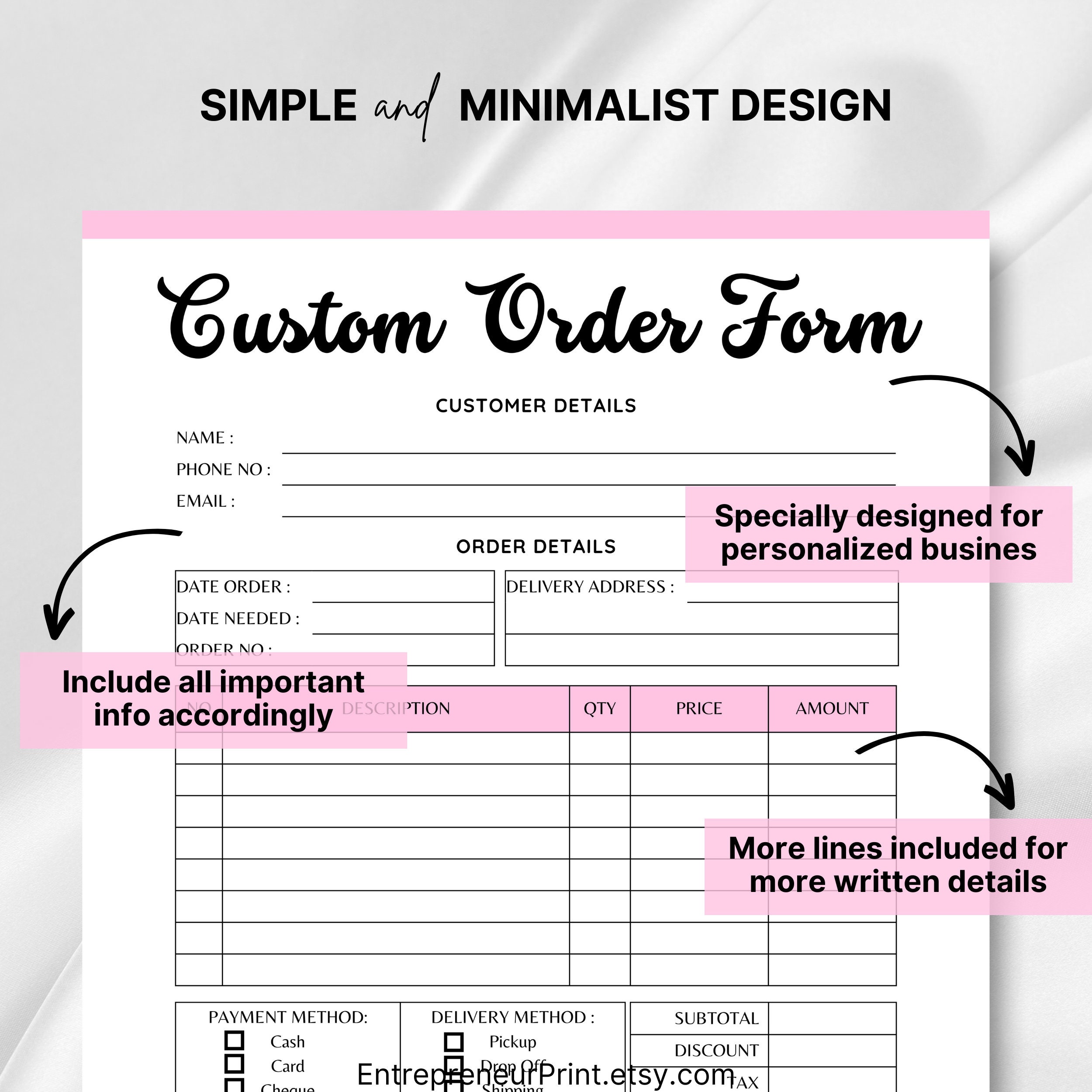 Custom Order Form Editable | Purchase Order Form Template | Printable ...