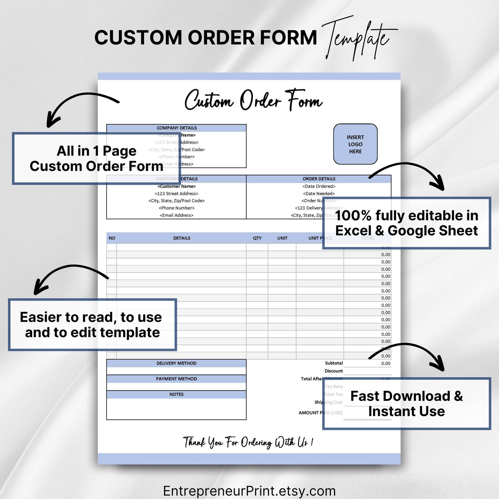 Custom Order Forms Template Excel/google Sheets | Automated Spreadsheet ...