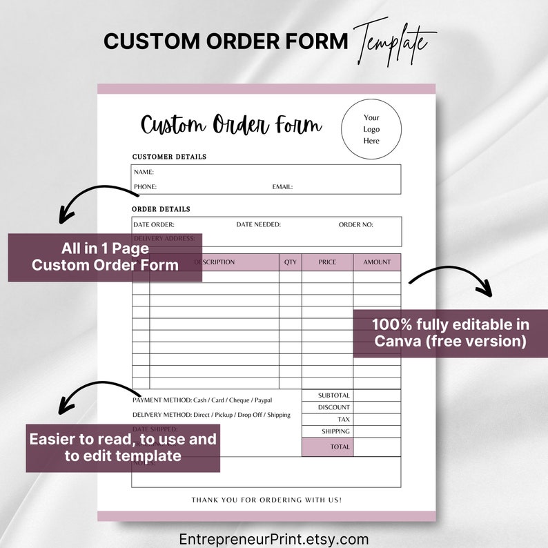 Custom Order Form Template Purchase Order Form With Logo Simple Order ...
