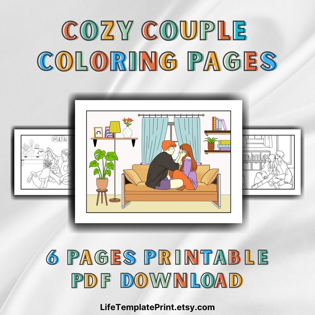 Kawaii Couple Coloring Pages, Cozy Relaxing Activities, Set of 6 ...