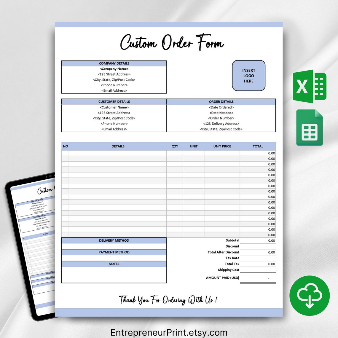 Custom Order Forms Template Excel/google Sheets | Automated Spreadsheet ...