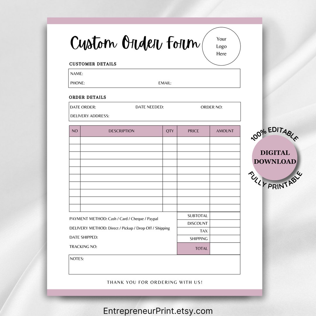 Custom Order Form Template Purchase Order Form With Logo Simple Order ...