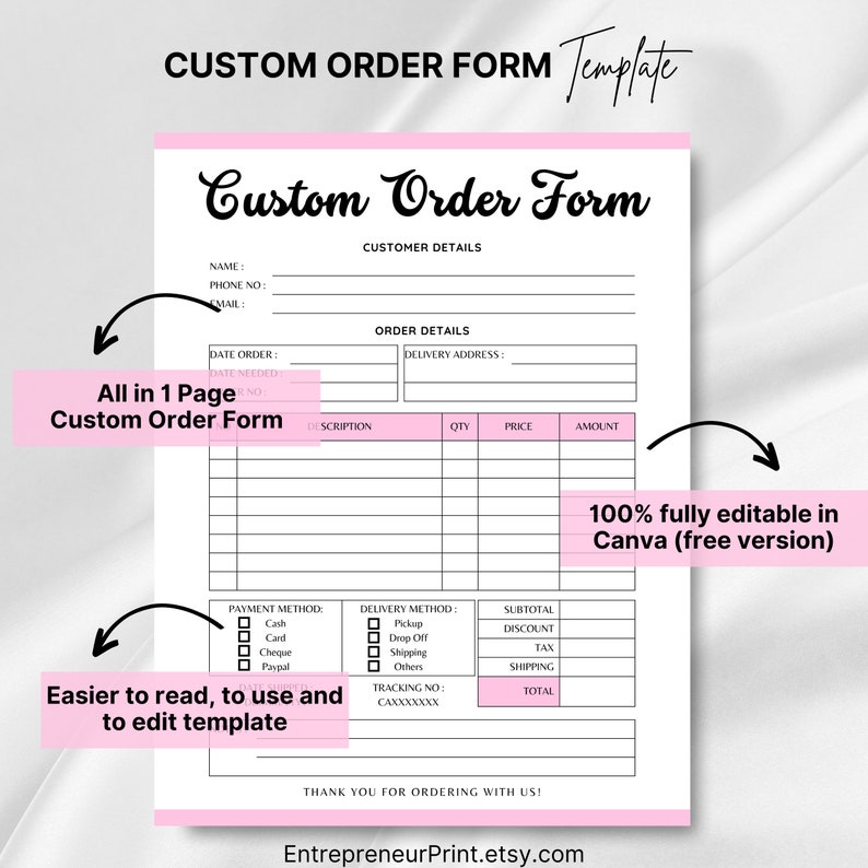 Custom Order Form Editable | Purchase Order Form Template | Printable ...