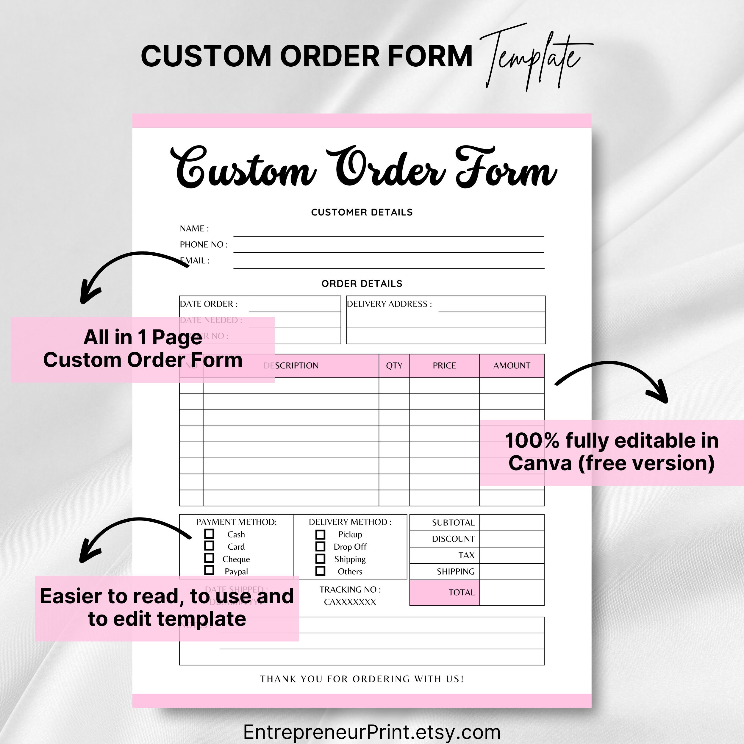 Custom Order Form Editable | Purchase Order Form Template | Printable ...