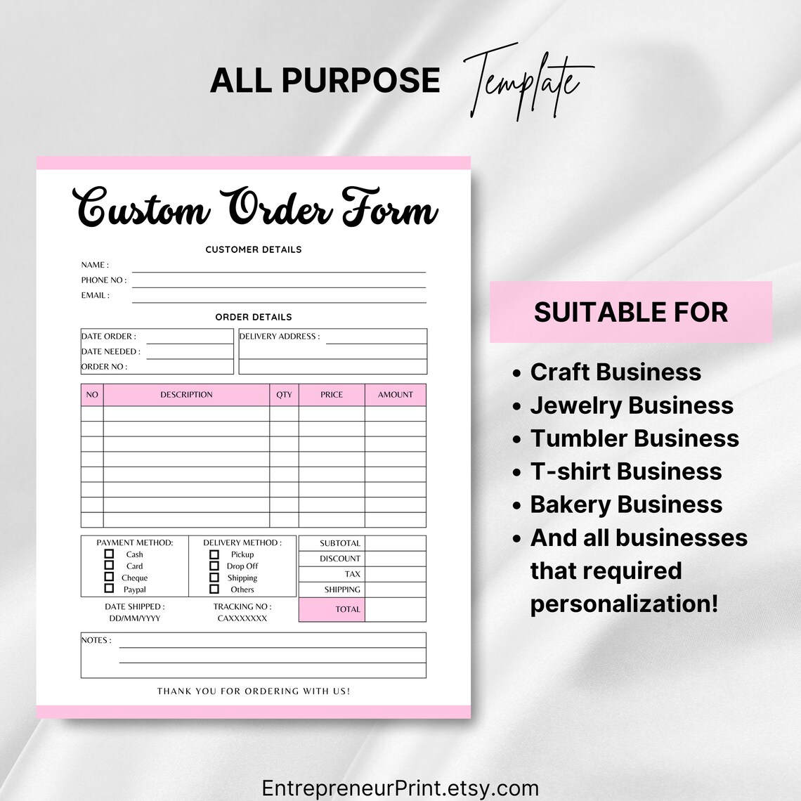 Custom Order Form Editable | Purchase Order Form Template | Printable ...