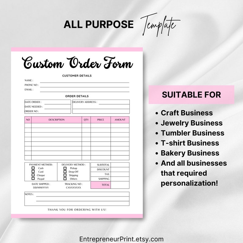 Custom Order Form Editable | Purchase Order Form Template | Printable ...