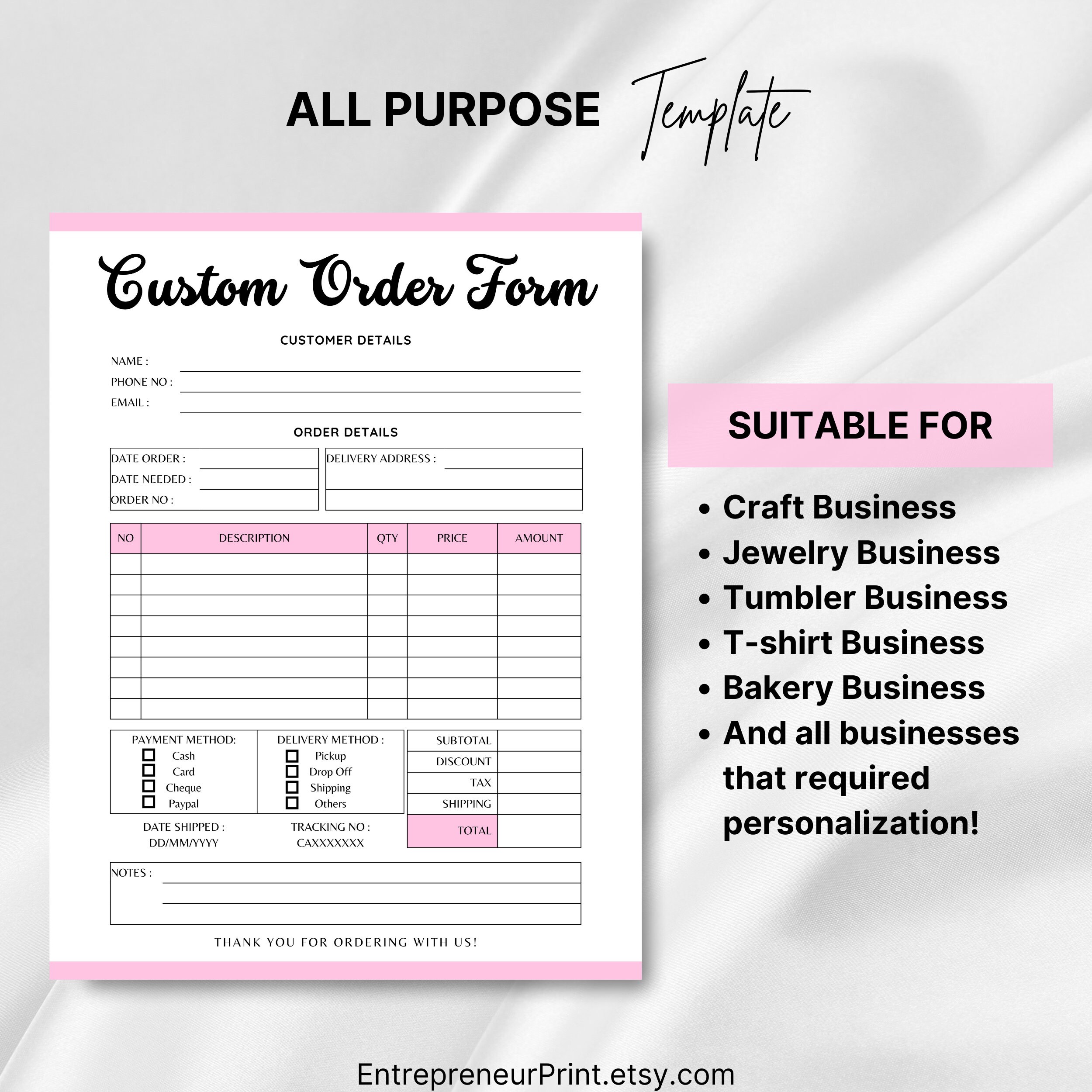 Custom Order Form Editable | Purchase Order Form Template | Printable ...