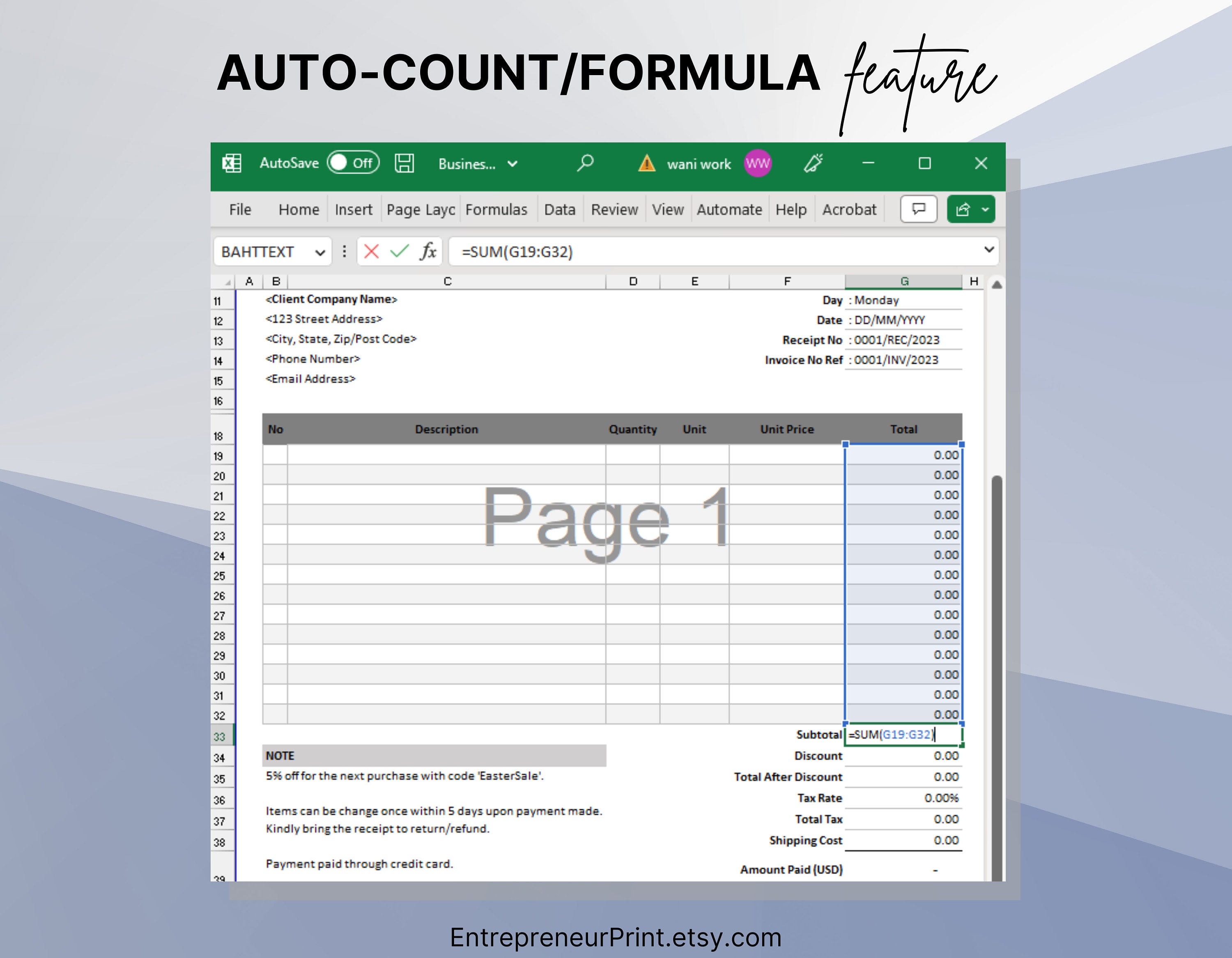 Receipt Template Excel/google Sheets. Automated Spreadsheet. Receipts ...