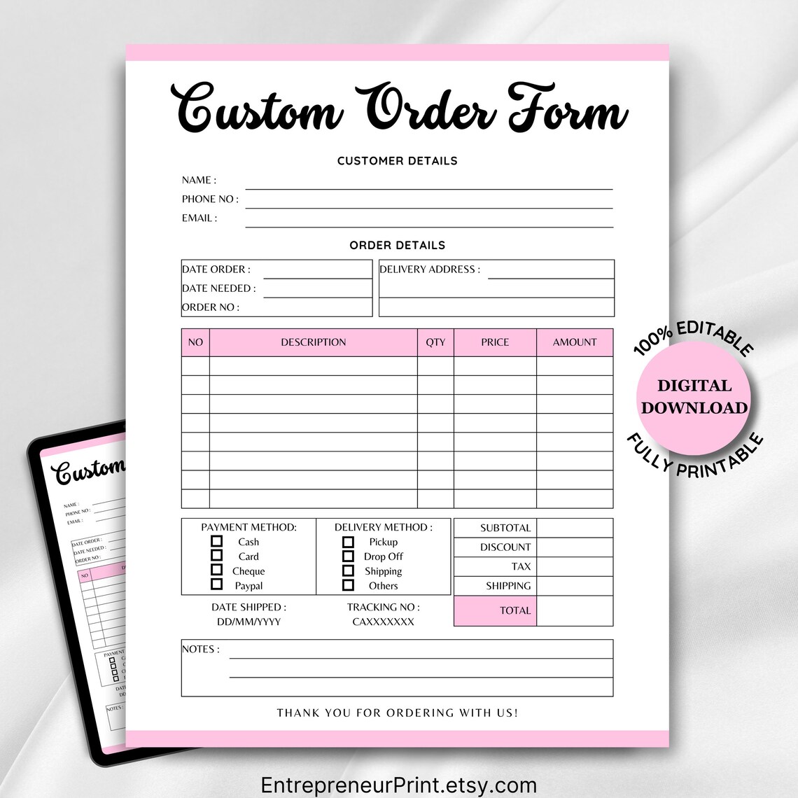Custom Order Form Editable | Purchase Order Form Template | Printable ...