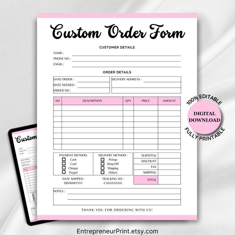 Custom Order Form Editable | Purchase Order Form Template | Printable ...