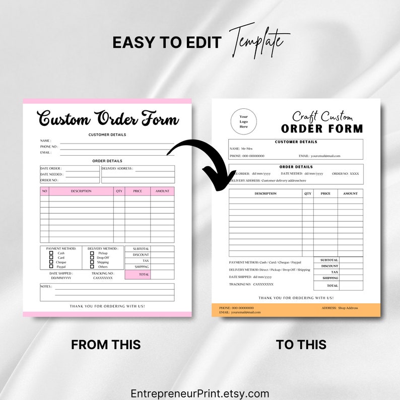 Custom Order Form Editable | Purchase Order Form Template | Printable ...