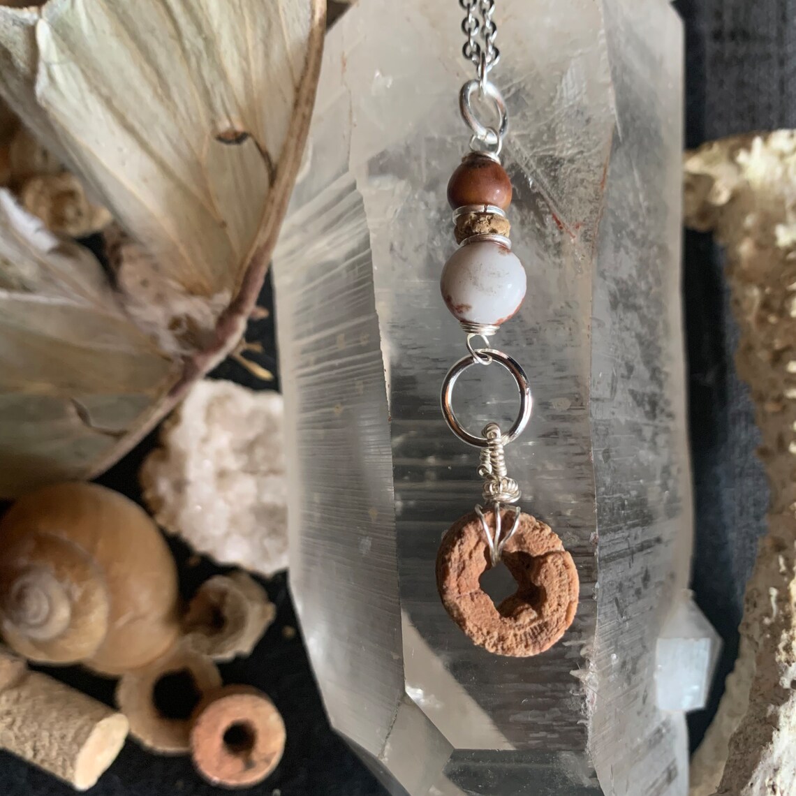 Jasper & Crinoid Fossil (indian Bead) Wire Wrapped Pendent With Chain ...
