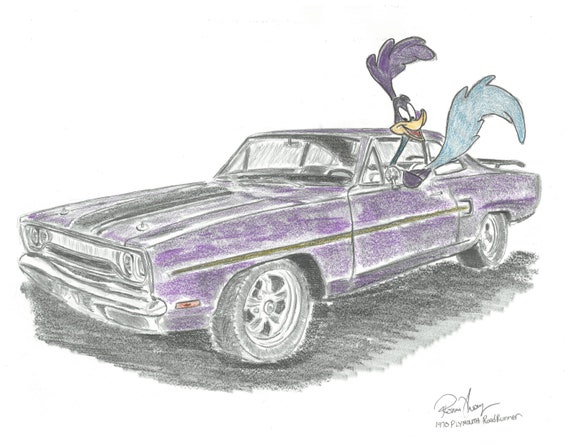 1970 Plymouth Road Runner W/ Cartoon Pencil Drawing - Etsy