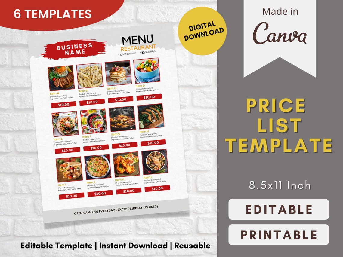 Price List Template Small Business Pricing Editable in Canva Printable ...