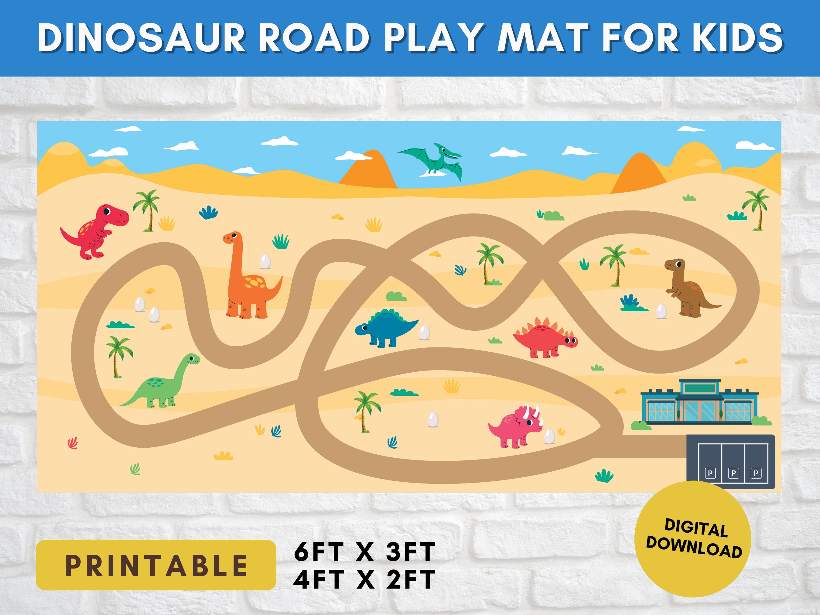 Dinosaur Themed Digital Printable Play Mat With Road Tracks for Kids ...