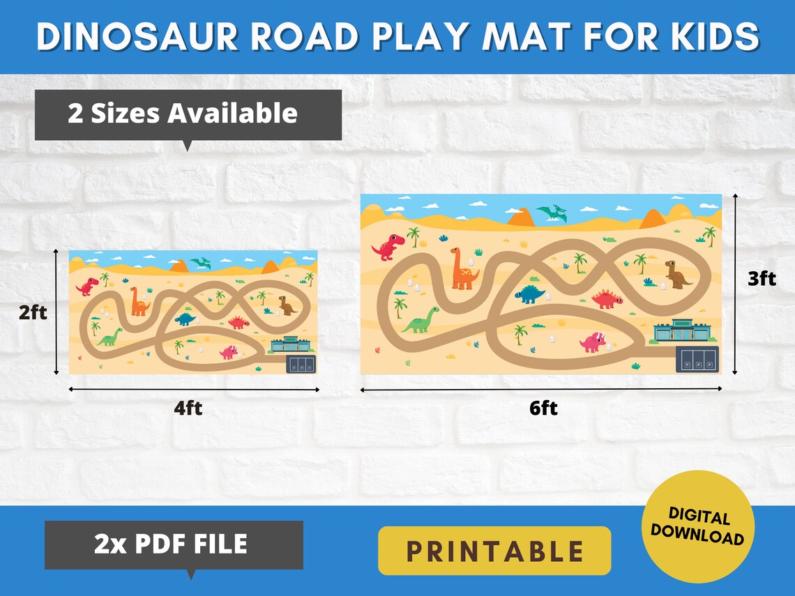 Dinosaur Themed Digital Printable Play Mat With Road Tracks for Kids ...