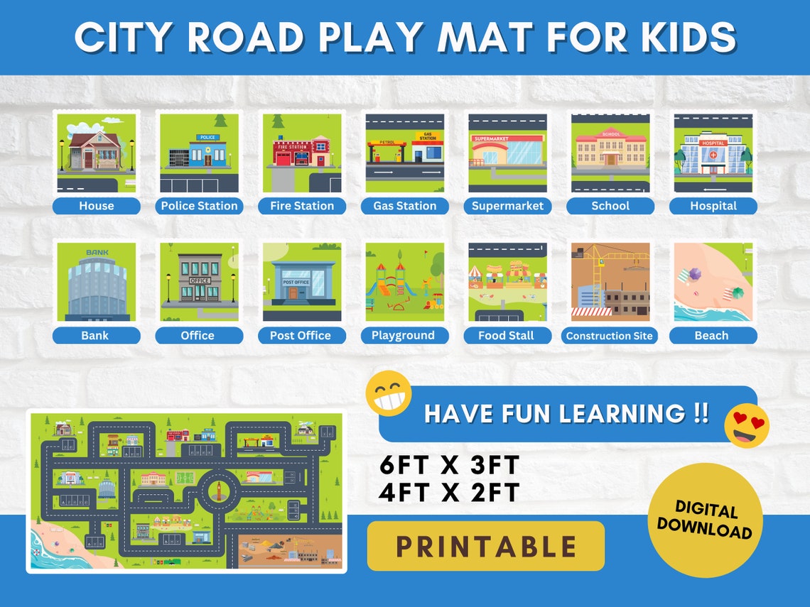 Kids City Town Roads Map Car Play Mat Printable Set Rug in Digital ...