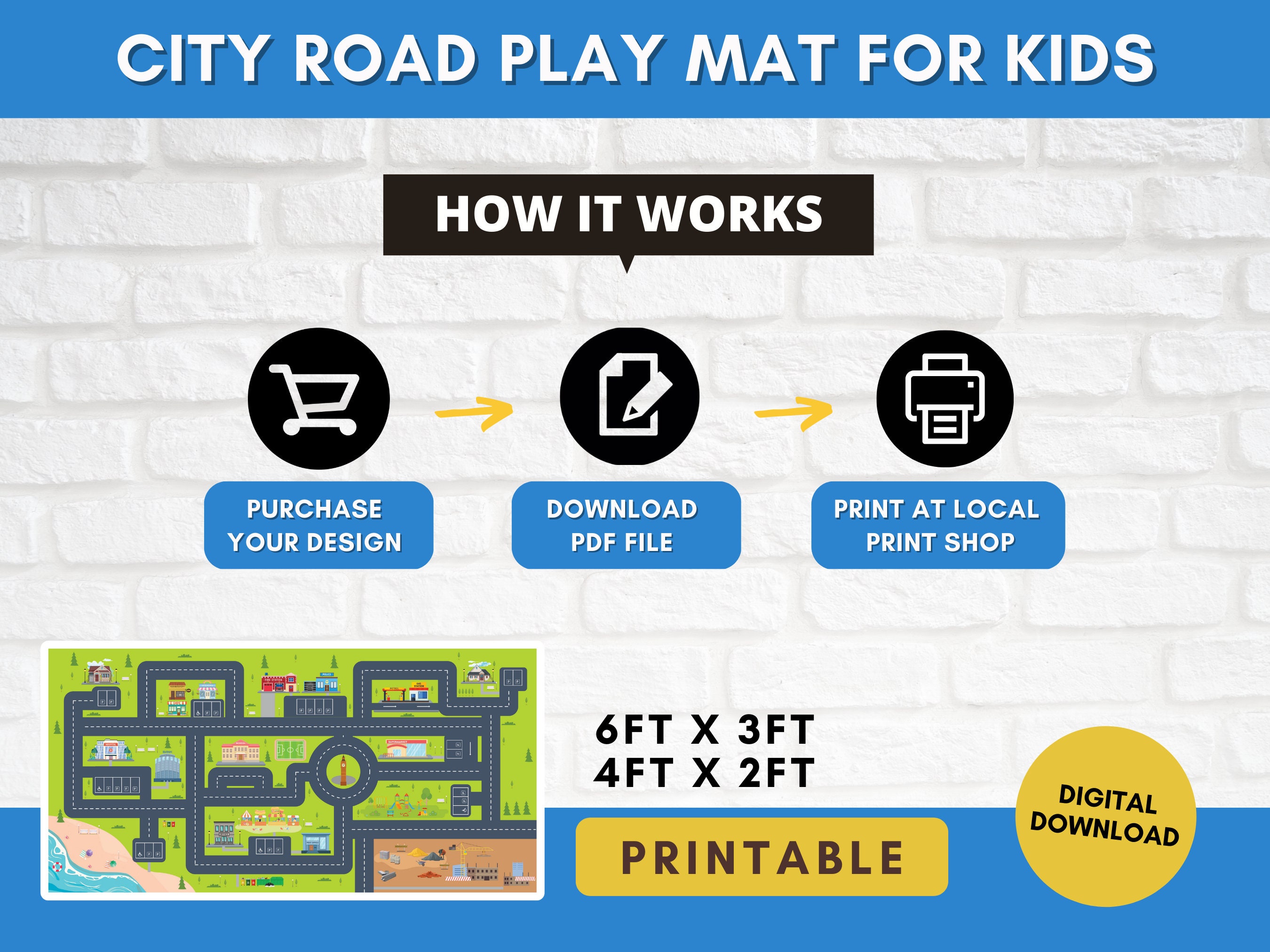 Kids City Town Roads Map Car Play Mat Printable Set Rug in Digital ...