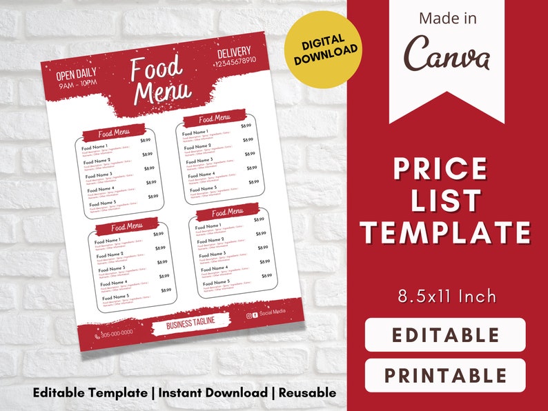 Price List Template Small Business Pricing Editable in Canva Printable ...