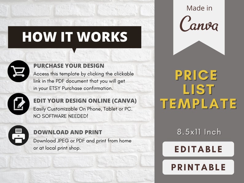 Price List Template Small Business Pricing Editable in Canva Printable Sheet White List Flyer ...