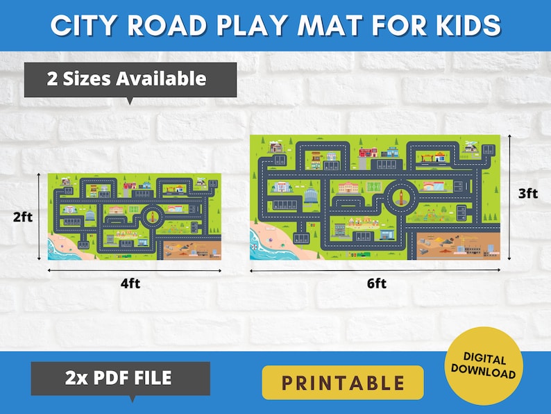 Kids City Town Roads Map Car Play Mat Printable Set Rug in Digital ...