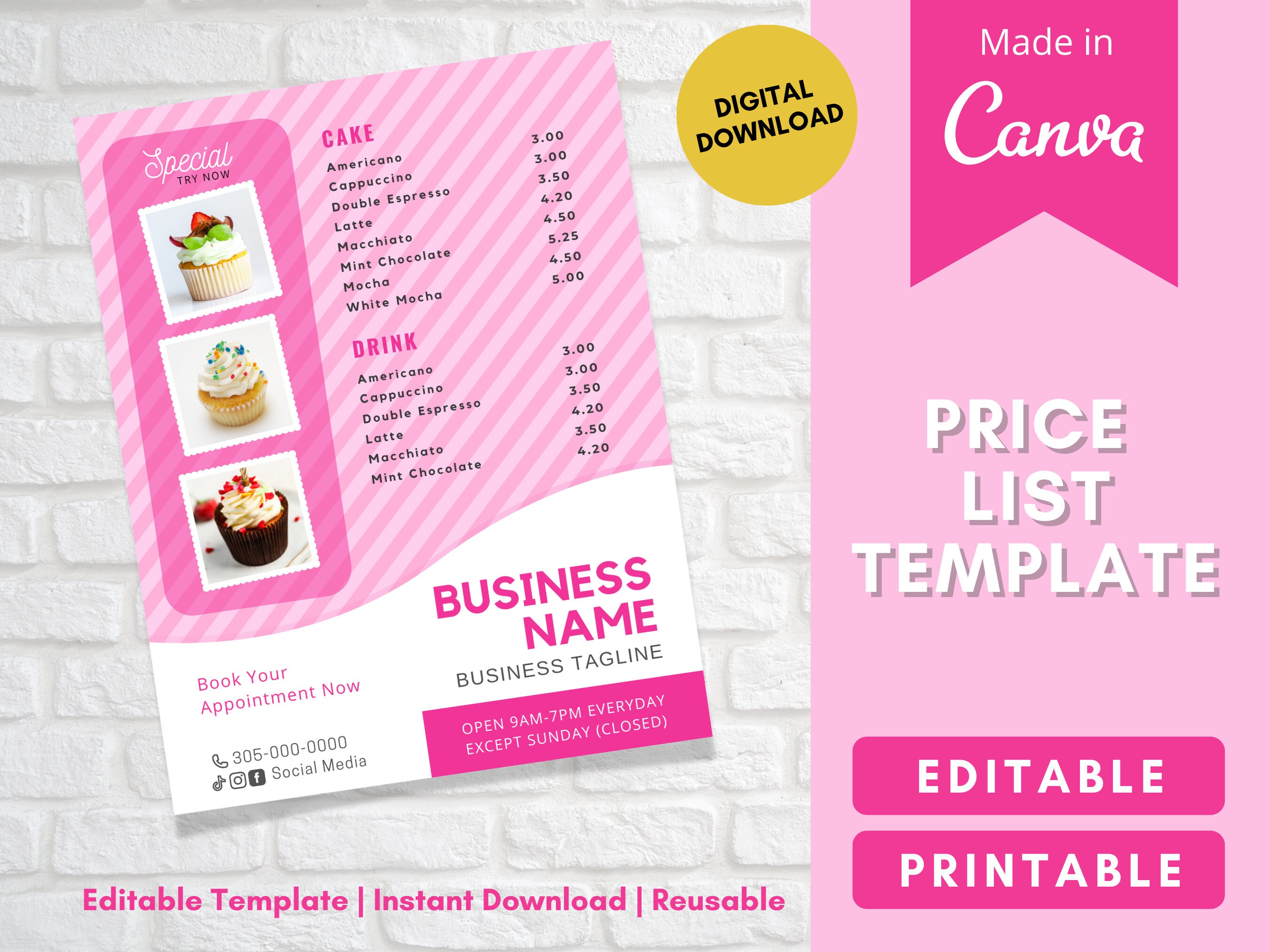Pink Price List Template | Small Business Pricing Editable in Canva ...