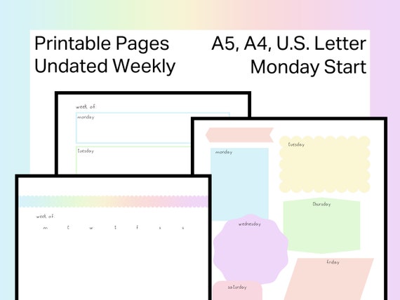 Undated Weekly Planner Pages Rainbow Pastel Weekly Inserts - Etsy