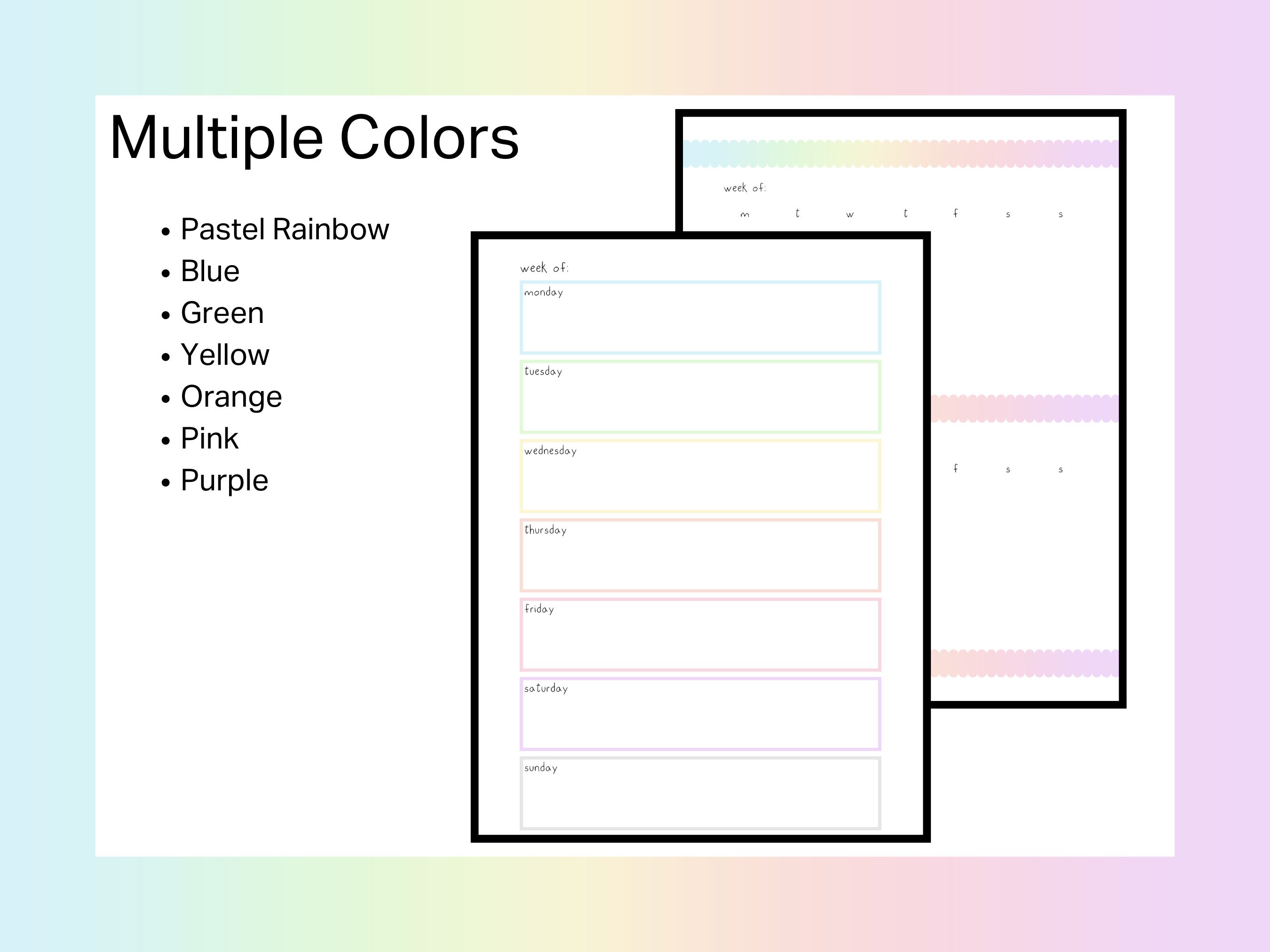 Undated Weekly Planner Pages Rainbow Pastel Weekly Inserts Monday Start ...