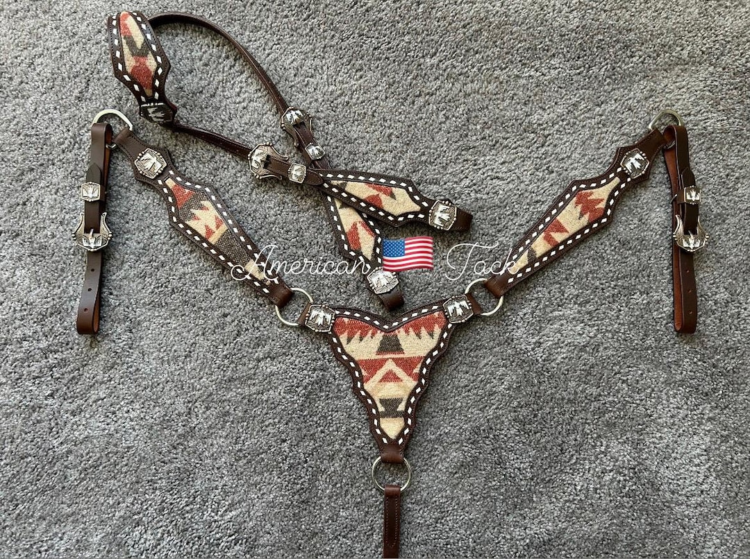 Western Brown Leather Tack Set of Headstall and Breast Collar With Pendleton Wool Inlay - Etsy