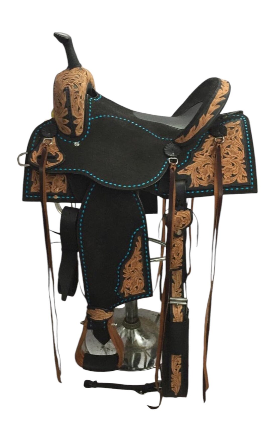 Western Black Two Tone Leather Hand Carved Barrel Racer Saddle 15" Seat ...