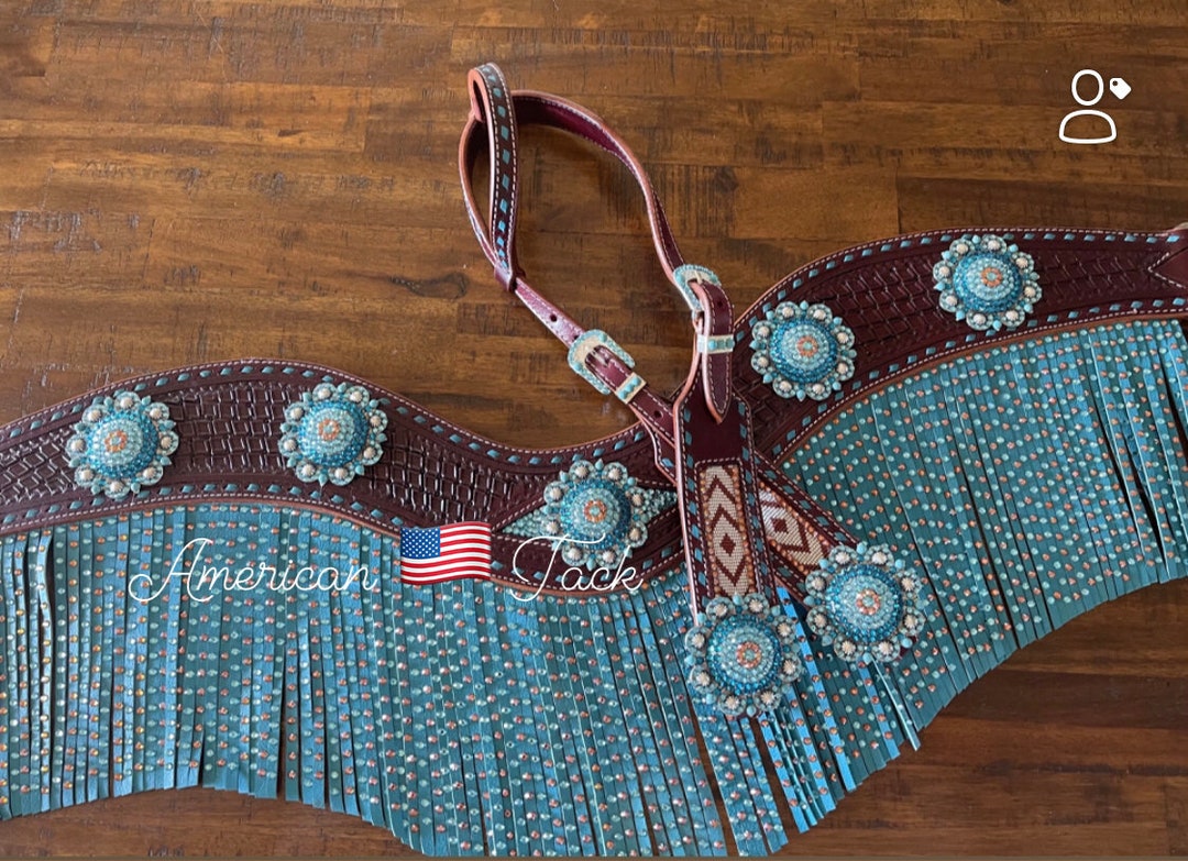 Western Brown Leather Hand Tooled Steering Collar and One Ear Headstall ...