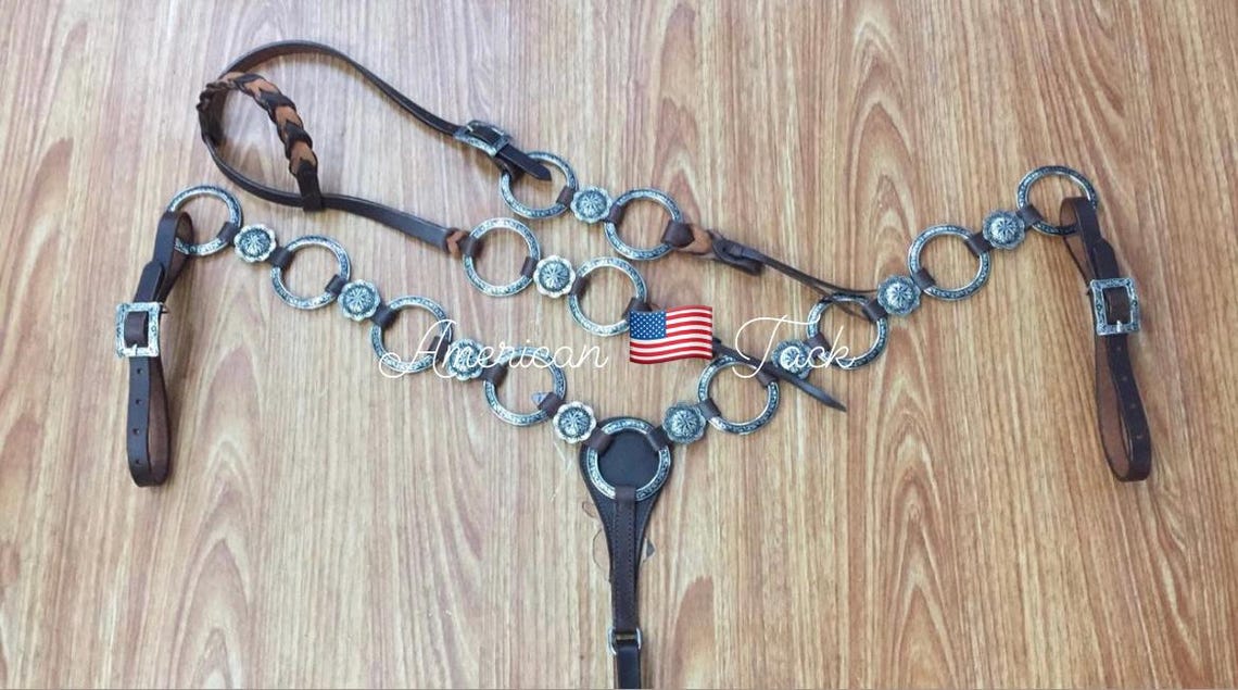 Western Brown Leather Tack Set of Headstall and Breast Collar With ...