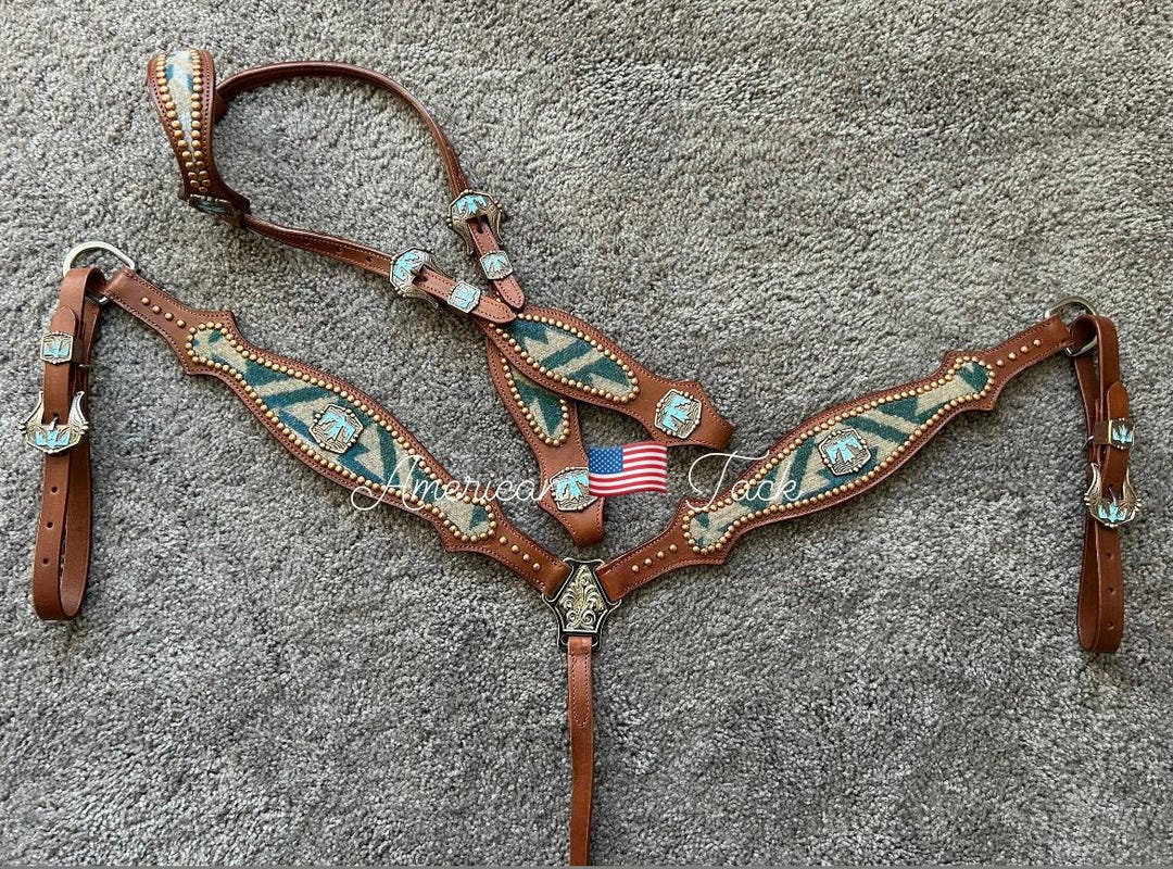 Western Brown Leather Tack Set of Headstall and Breast Collar With ...