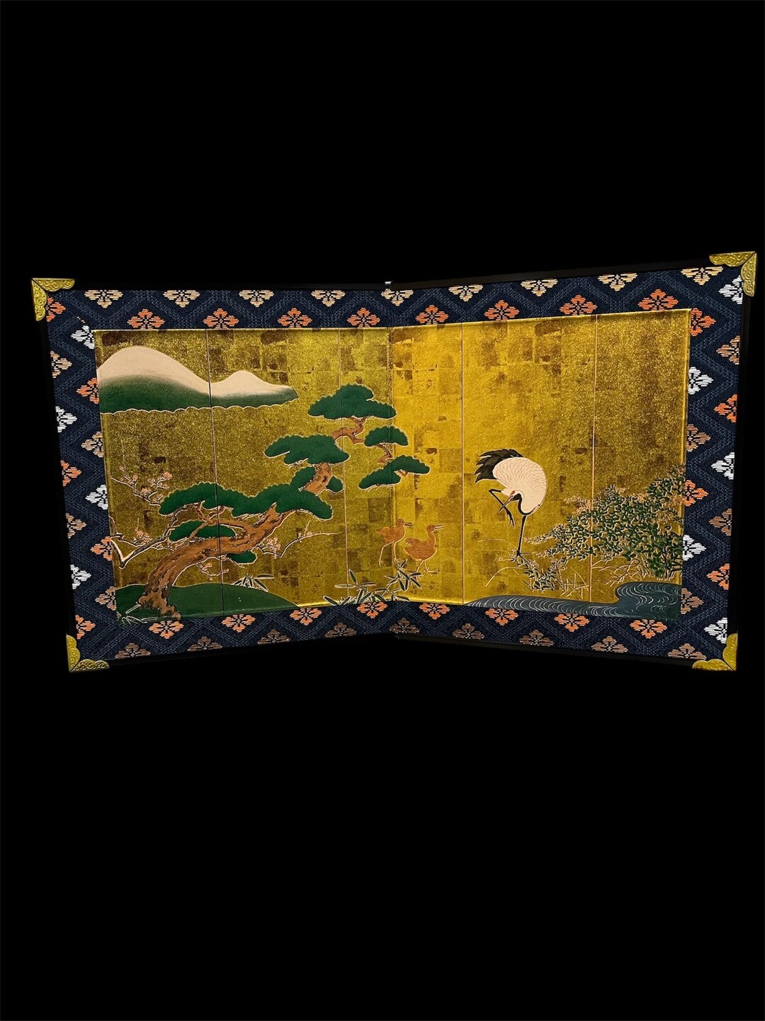 Mini 2 Panel Folding Screen (japanese Byobu) Tsuru ＆matsu(crane & Pine ...