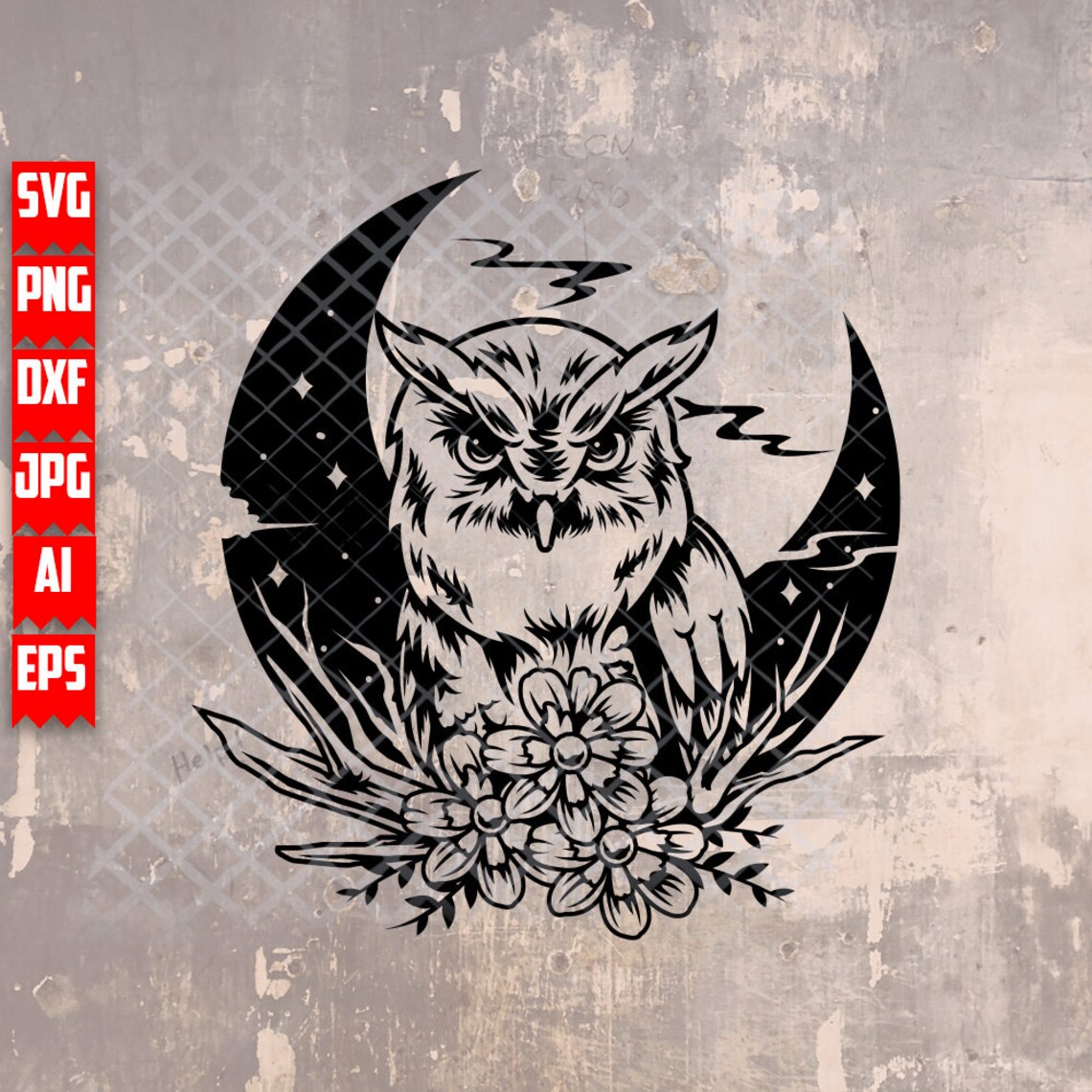 Owl Moonshine Svg | Floral Owl Clipart | Quarter Moon Stencil | Flower ...