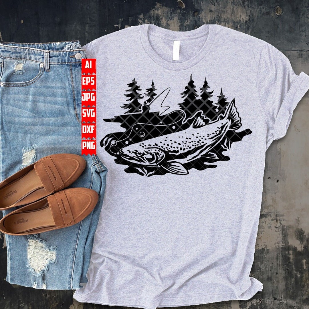 Salmon Fish Scene Svg | Fishing Shirt Png | River Angler Cutfile ...
