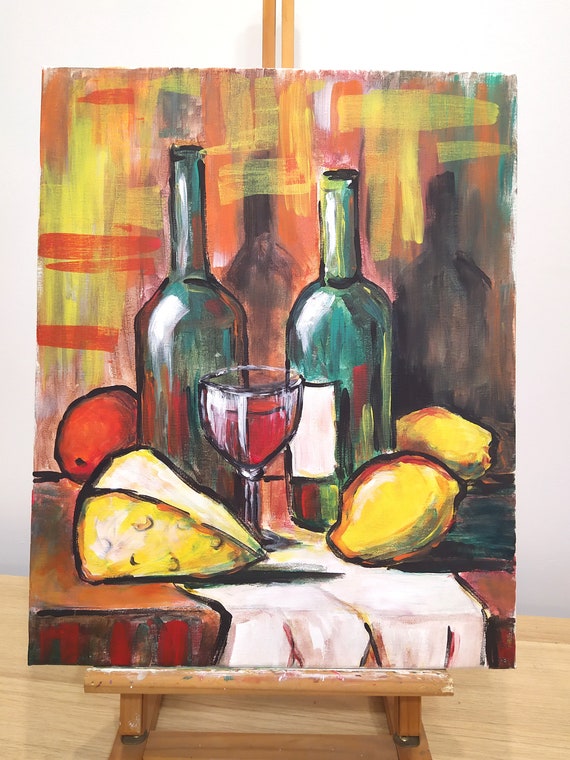 Pintura De Botellas Y Copas De Vino Y Bodegones De Queso Bodegón Con