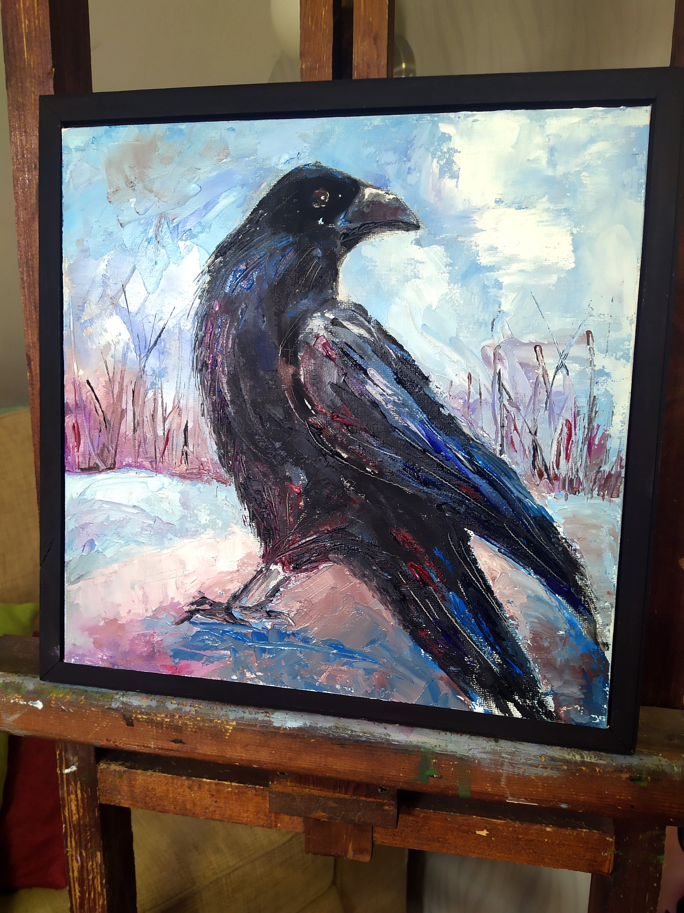 Raven on Snow Original Oil Painting on Canvas Panel/tiny Oil Painting ...