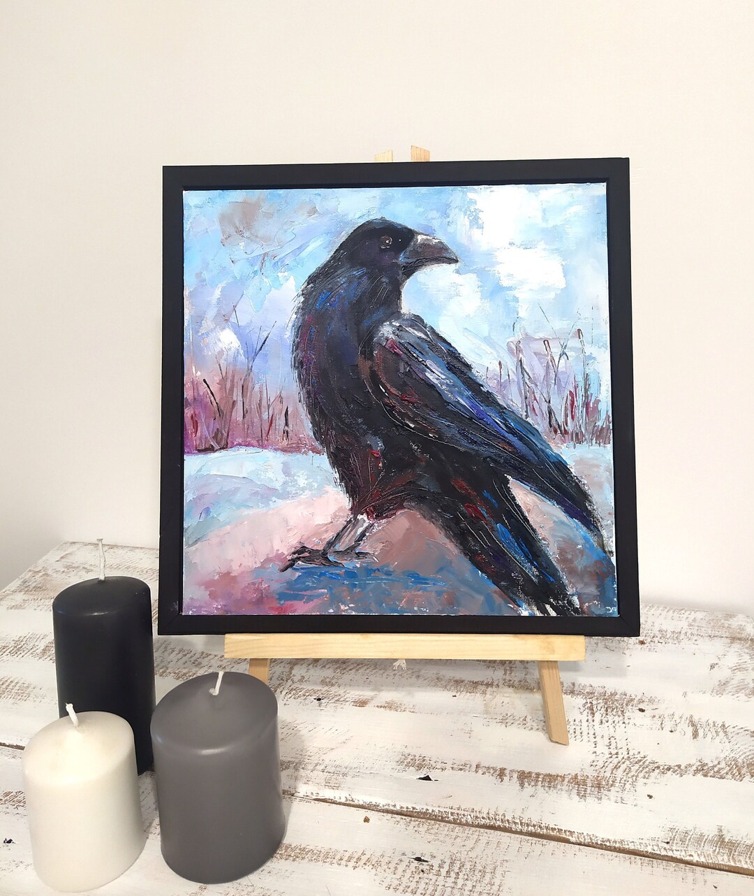 Raven on Snow Original Oil Painting on Canvas Panel/tiny Oil Painting ...