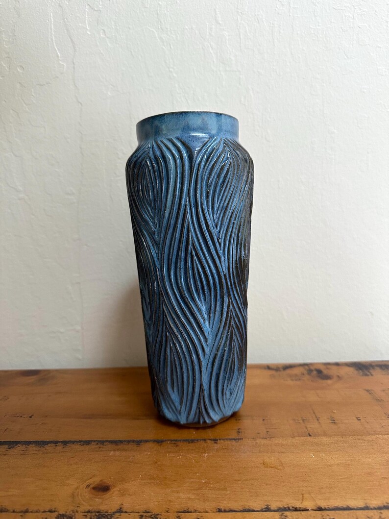 Hand-carved Tall Rich Blue Ceramic Vase With Wave Pattern. 8.5 Inches ...